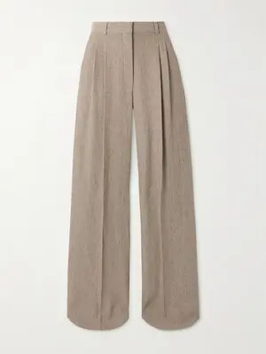 Loro Piana Nyack Pleated Herringbone Linen Wide-leg Trousers - Brown