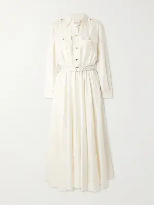 Loro Piana Lela Belted Leather-trimmed Silk-shantung Midi Shirt Dress - Neutrals