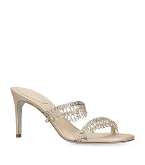 Rene Caovilla Leather Embellished Mules - Beige