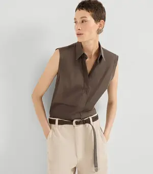 Brunello Cucinelli Sleeveless Shirt With Embellished Collar - Brown