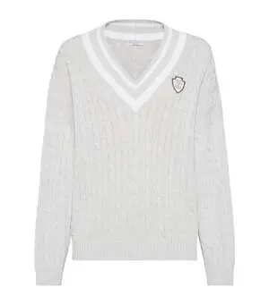 Brunello Cucinelli Cotton Cable Knit V-neck Sweater With Sequin Embellishment