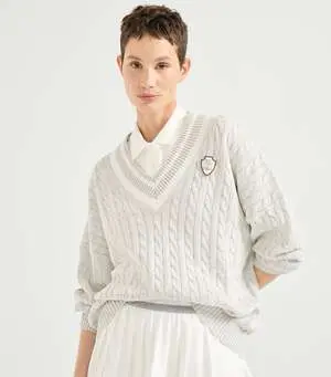 Brunello Cucinelli Cotton Cable Knit V-neck Sweater With Sequin Embellishment