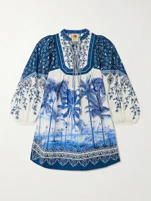 Farm Rio Palm Tree Beach Printed Linen-blend Mini Dress - Blue