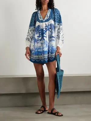 Farm Rio Palm Tree Beach Printed Linen-blend Mini Dress