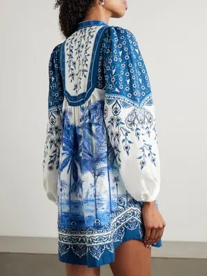 Farm Rio Palm Tree Beach Printed Linen-blend Mini Dress