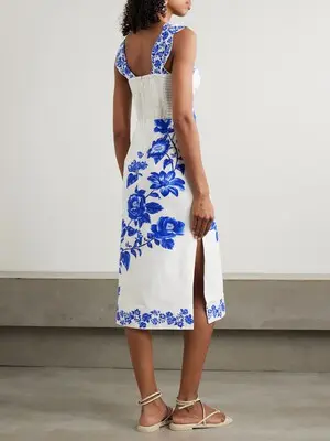 Farm Rio Shirred Printed Linen Midi Dress