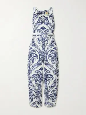 Farm Rio Belted Paisley Print Linen Jumpsuit
