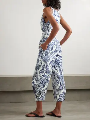 Farm Rio Belted Paisley Print Linen Jumpsuit