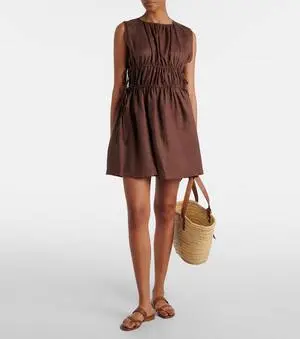 Asceno Gathered Linen Mini Dress - Brown