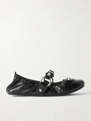 Balenciaga City Embellished Crinkled-leather Ballet Flats - Black