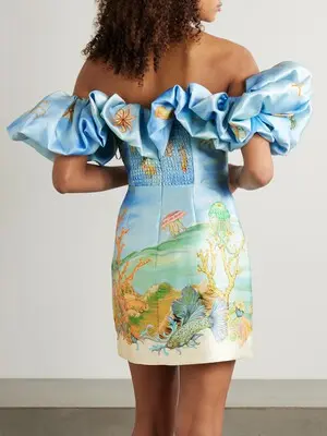 ALEMAIS Sam Pauletto Emerald Cove Off-the-shoulder Printed Recycled Duchesse-satin Mini Dress