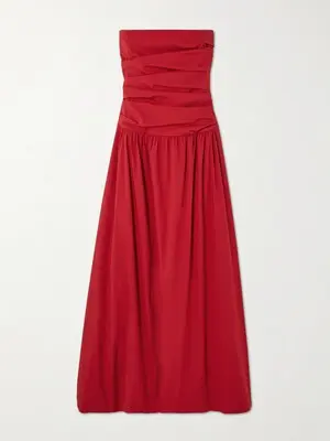 ST. AGNI Strapless Gathered Cotton-blend Maxi Dress - Red