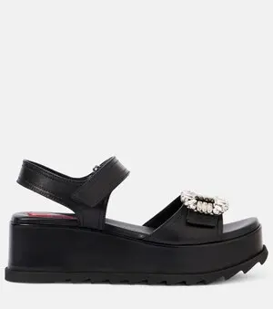 ROGER VIVIER Embellished Leather Wedge Sandals - Black