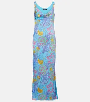 Versace Underwater Barocco Draped Jersey Gown - Blue