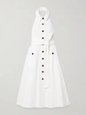 Carolina Herrera Belted Cotton-blend Sateen Halterneck Midi Shirt Dress - White