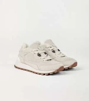 Brunello Cucinelli Suede Shearling-trimmed Lace-up Sneakers