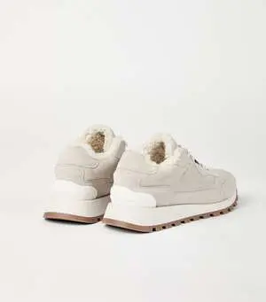 Brunello Cucinelli Suede Shearling-trimmed Lace-up Sneakers
