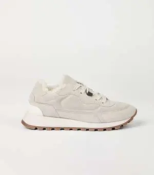 Brunello Cucinelli Suede Shearling-trimmed Lace-up Sneakers