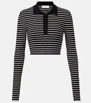 THE FRANKIE SHOP Giselle Striped Cropped Polo Shirt - Black
