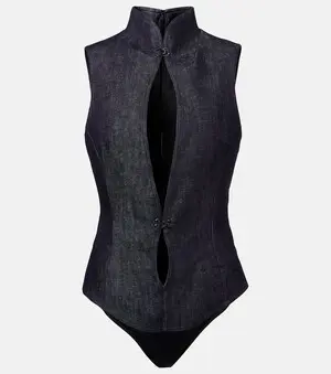 MUGLER Cutout Denim Bodysuit - Blue