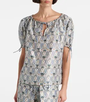 Loro Piana Rose Print Puff Sleeve Silk Top