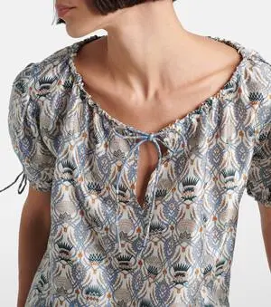 Loro Piana Rose Print Puff Sleeve Silk Top