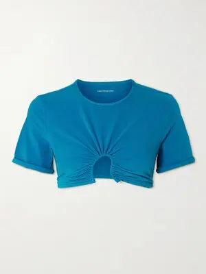 Christopher Esber Crescent Embellished Cutout Ruched Bikini Top - Blue
