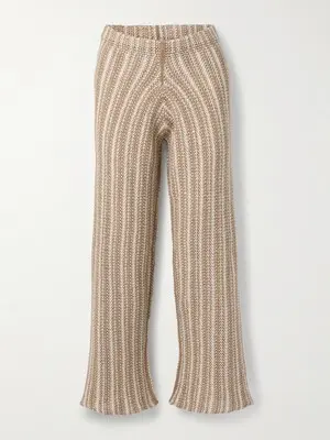 THE ELDER STATESMAN Crocheted Cotton Striped Straight-leg Trousers - Brown