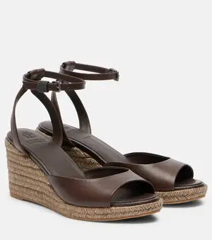 Brunello Cucinelli Leather Espadrille Wedges - Brown