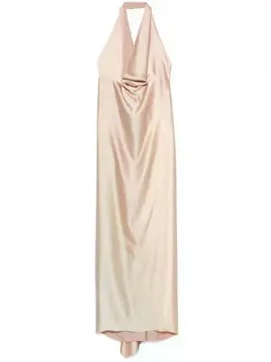BLANCA VITA Satin Maxi Dress With Halterneck And Draped Detailing - Neutrals