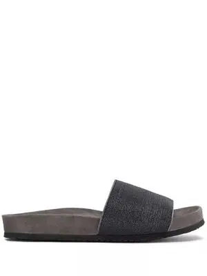 Brunello Cucinelli Monili Embellished Leather Slides - Silver