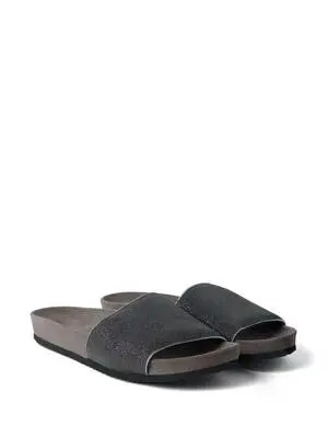 Brunello Cucinelli Monili Embellished Leather Slides - Silver