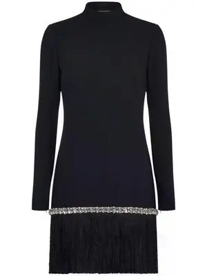 Sabina Bilenko Twill High Neck Dress With Fringed Hem - Black