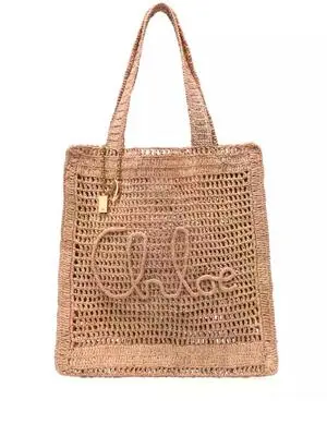 Chloé Raffia Tote Bag With Logo Charm - Neutrals