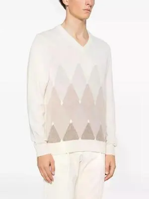 BALLANTYNE Argyle Intarsia V-neck Cashmere Sweater - Neutrals