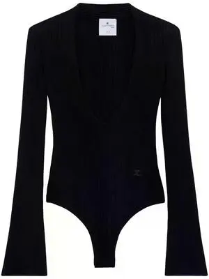 COURREGES Ribbed Knit Bodysuit With Appliqué Logo - Black