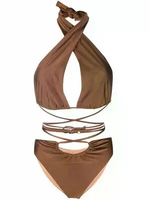NOIRE SWIMWEAR Lattice-strap Halterneck Halterneck Swimsuit - Brown