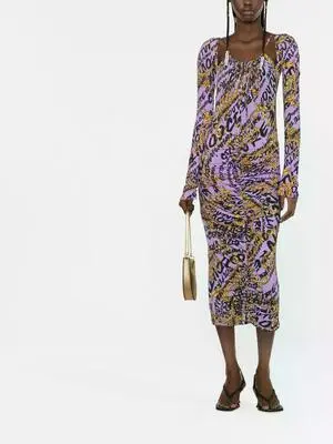 Versace All-over Logo Print Gathered Midi Dress