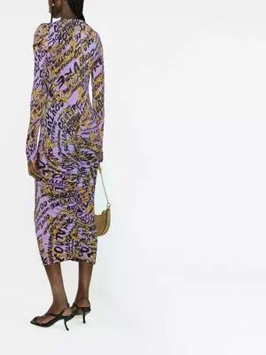 Versace All-over Logo Print Gathered Midi Dress
