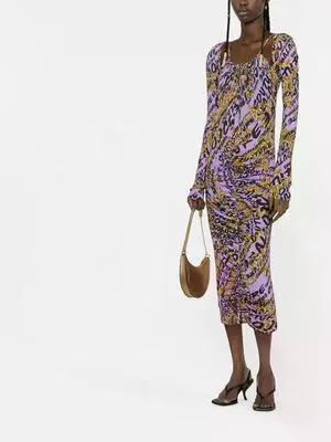 Versace All-over Logo Print Gathered Midi Dress
