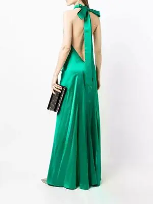 Michelle Mason Silk Satin Backless Halterneck Gown - Green