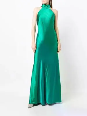 Michelle Mason Silk Satin Backless Halterneck Gown - Green
