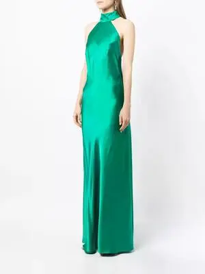 Michelle Mason Silk Satin Backless Halterneck Gown - Green