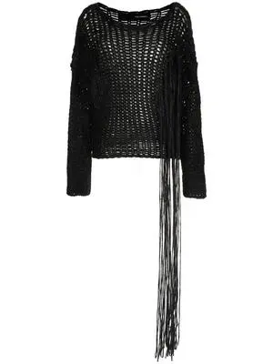 Isabel Benenato Open Knit Fringed Jumper - Black
