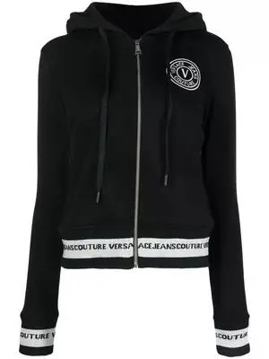 Versace Logo Embroidered Zip-up Hoodie - Black