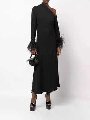 16Arlington Feather-trim One-shoulder Midi Dress - Black