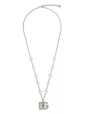 Dolce & Gabbana Crystal Embellished Logo Pendant Necklace - Silver