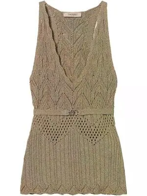 TWINSET Metallic Knit V-neck Top With Logo Buckle Belt - Neutrals