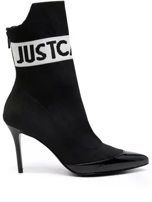 Just Cavalli Faux Leather And Ribbed Knit Intarsia Logo Stiletto Ankle Boots - Black