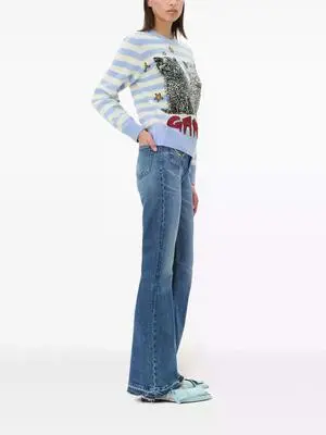 GANNI Striped Cat Graphic Knit Sweater - Blue